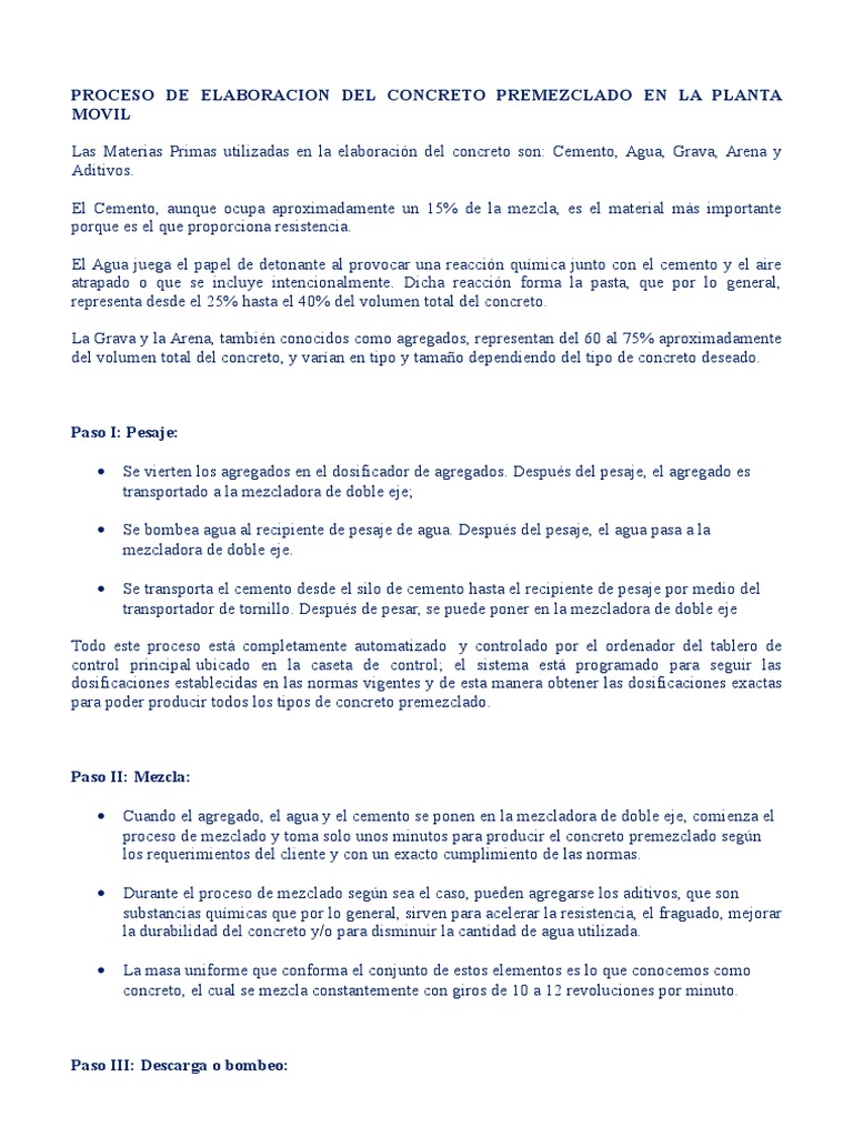 Proceso de Elaboracion Del Concreto Premezclado en La Planta Movil | PDF | Hormigón | Cemento