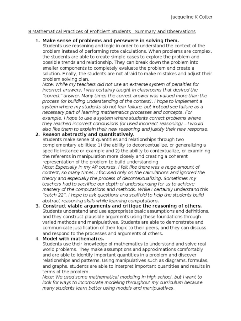 8 Mathematical Practices Overview | PDF | Understanding | Reason