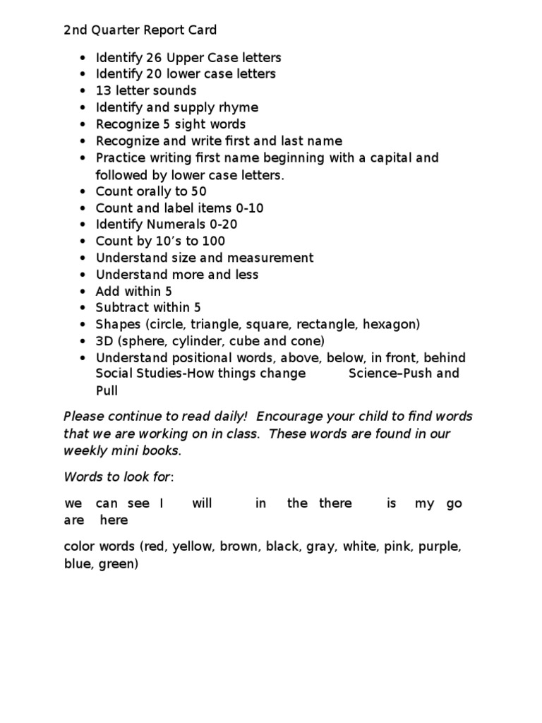 2nd Quarter KDG Progress Report Parent Helper Web | PDF | Career ...