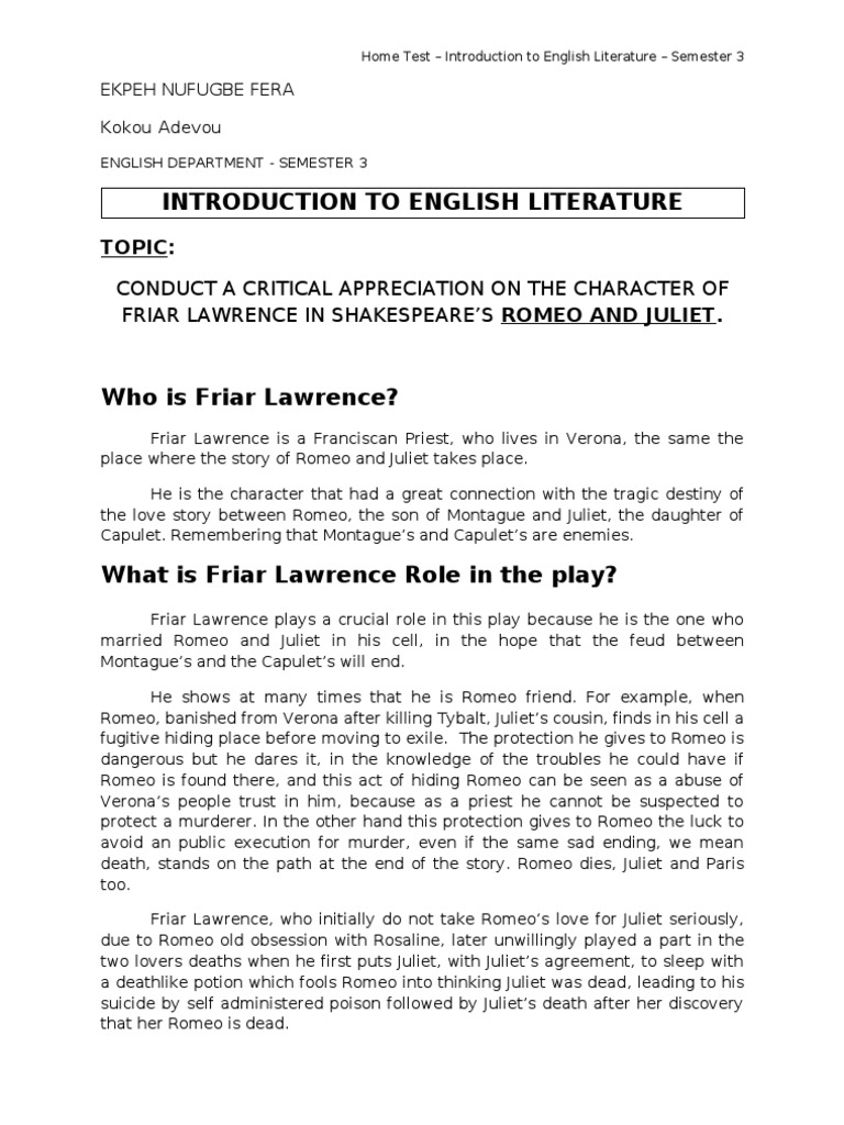 William Shakespeare' Romeo and Juliet - Friar Lawrence Critical ...