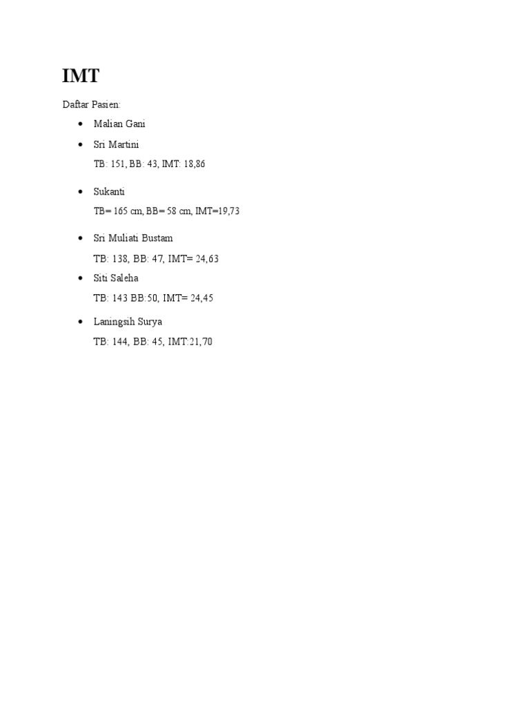 Daftar IMT Pasien dan Data Tinggi Berat | PDF