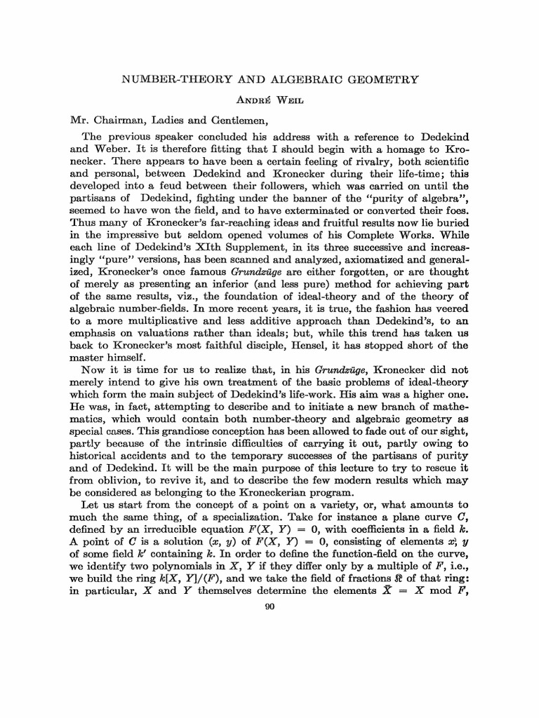 Number Theory and Algebraic Geometry Andre Weil Icm1950 | PDF | Field ...