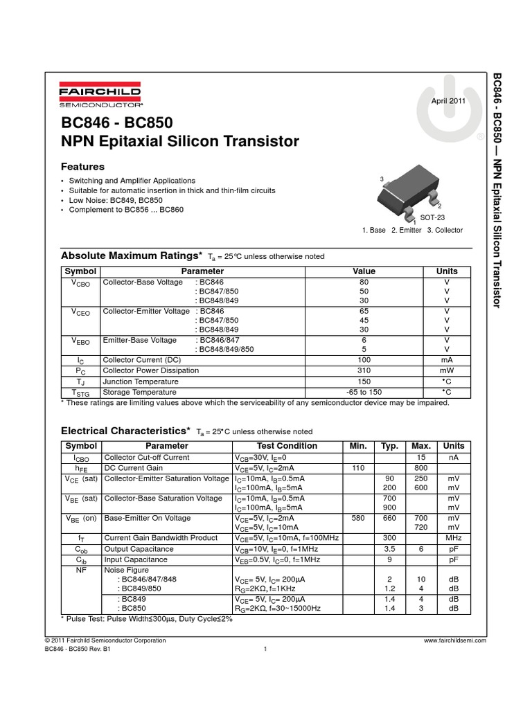 BC846 - BC850 NPN Epitaxial Silicon Transistor: Features | PDF ...