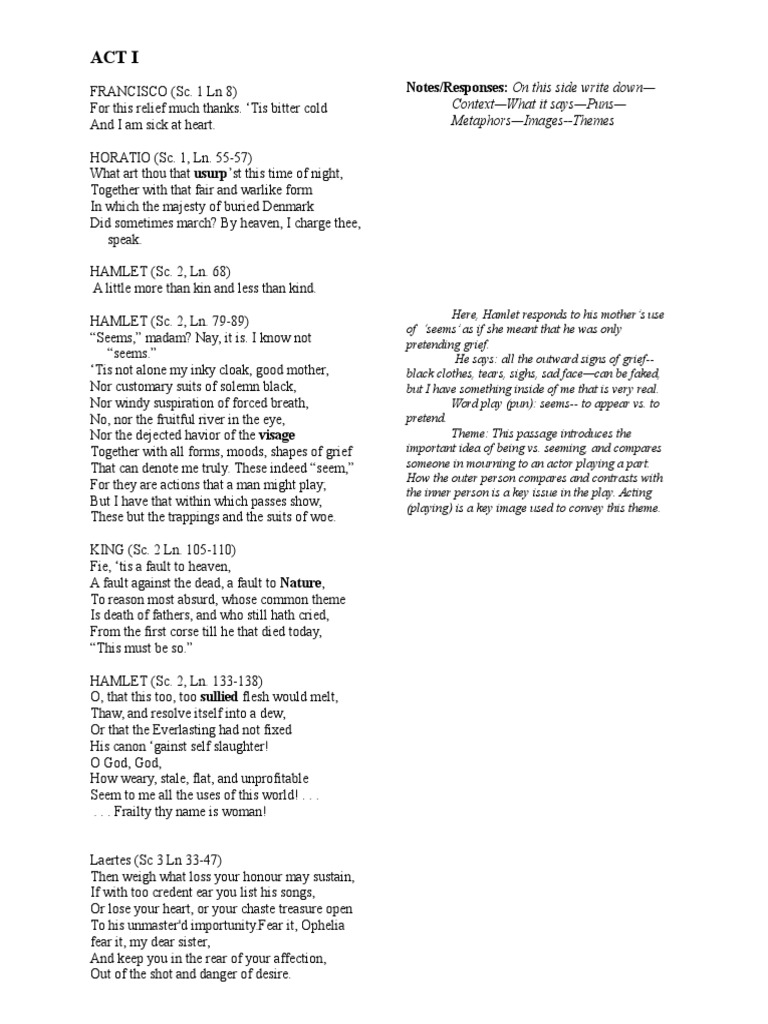 Hamlet Notes Acts 1 and 2 | PDF | Hamlet