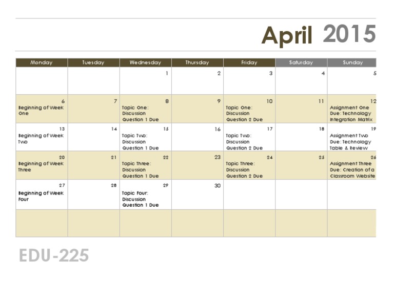 April 2015 EDU-225 Assignment Schedule | PDF | Art | Technology ...
