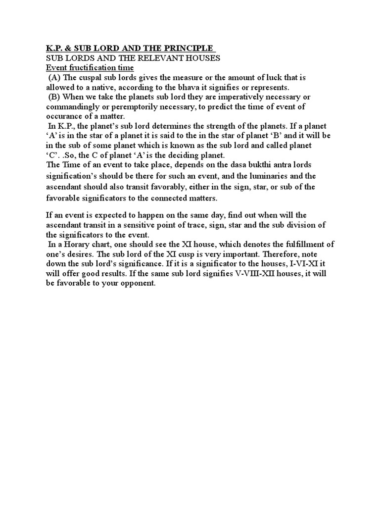 Understanding Sub Lords in KP Astrology | PDF