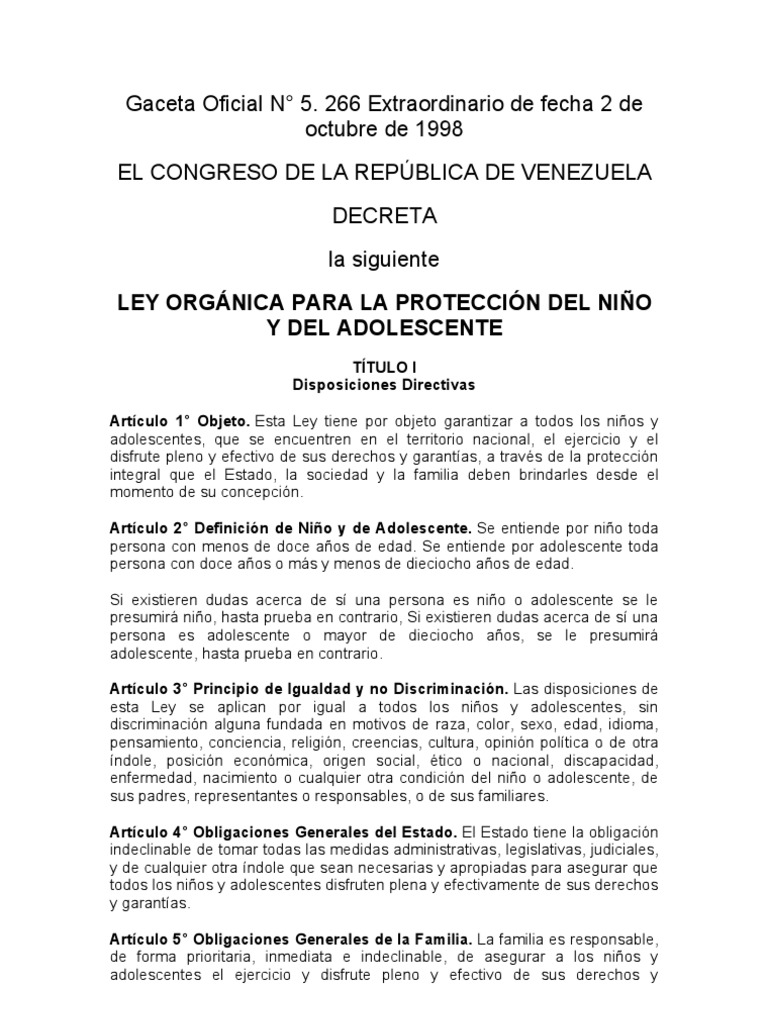 LOPNA, Ley orgánica de Protección al niño, niña y Adolescente