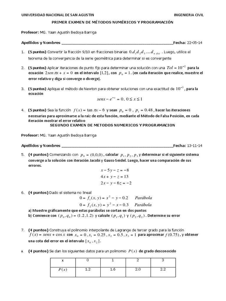 Examenes de Metodos Numericos | PDF | Análisis numérico | Ciencia computacional