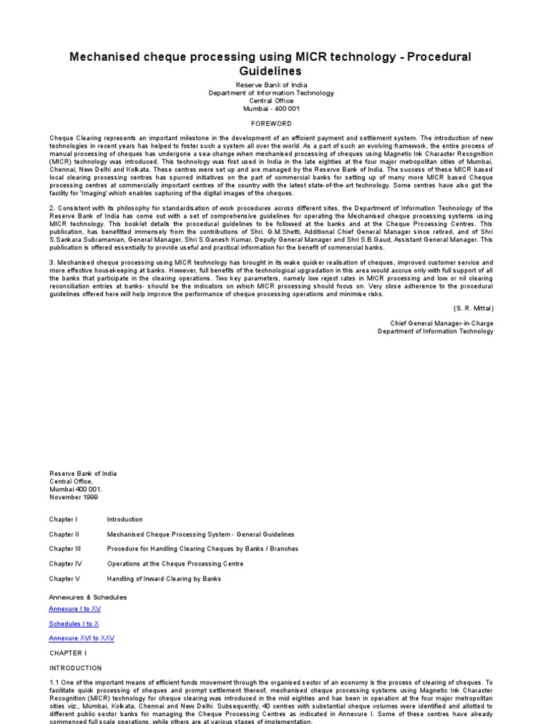 Mechanised Cheque Processing Using MICR Technology - Procedural ...