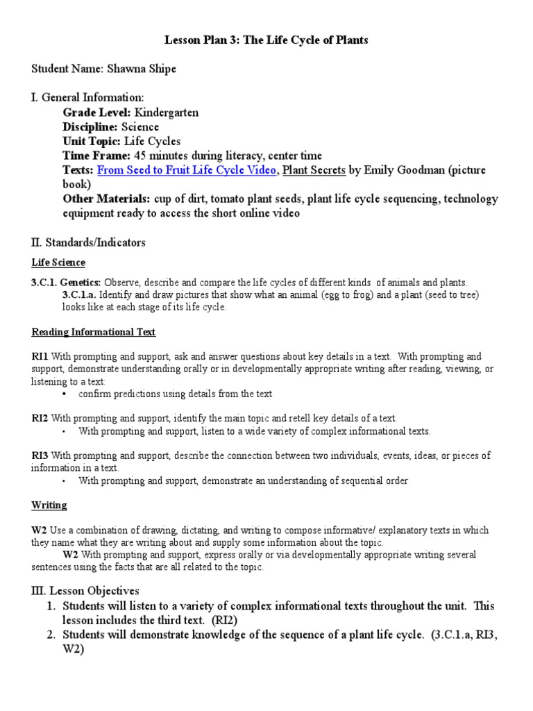 Kindergarten Plant Life Cycle Lesson Plan | PDF | Educational ...