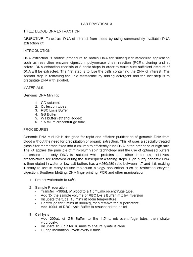Lab Practical 3: DNA EXTRACTION | PDF | Polymerase Chain Reaction | Lysis