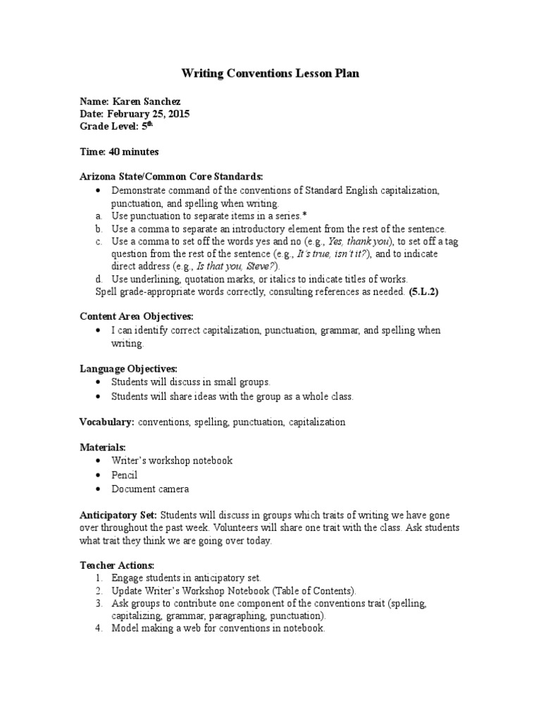 Conventions Lesson Plan | PDF | Punctuation | Comma