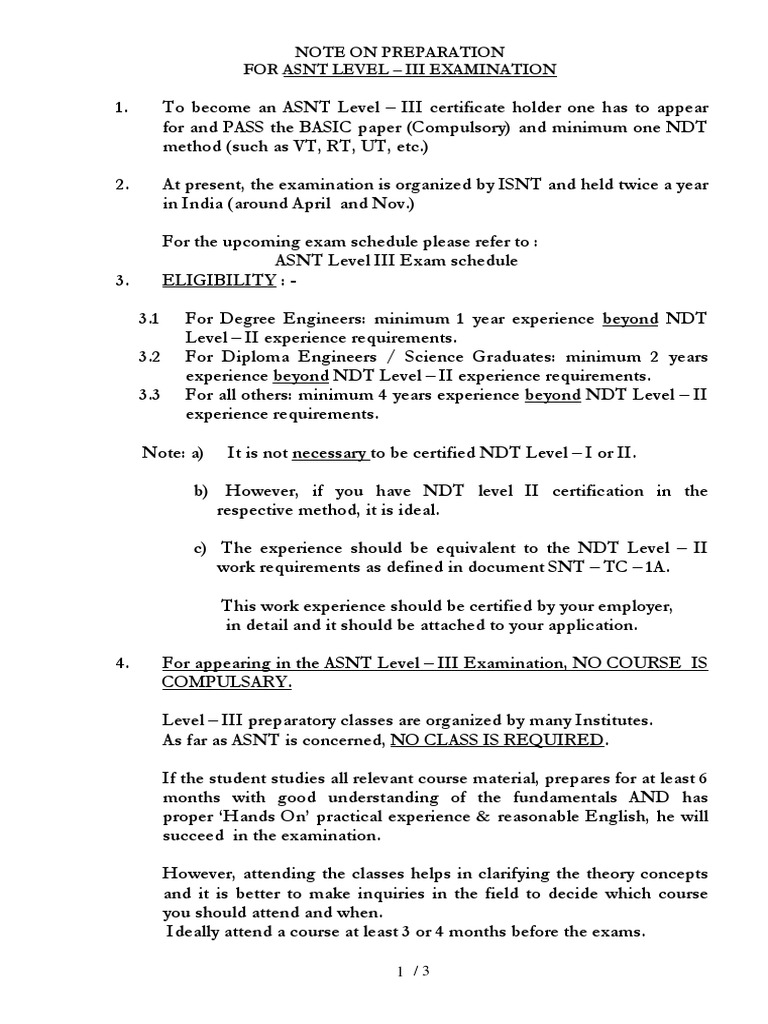 Preparation of Asnt Level III Examination | PDF