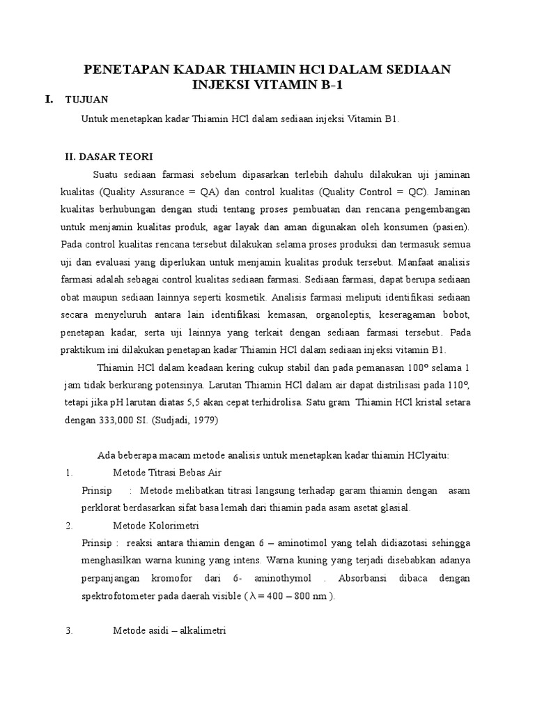PENETAPAN KADAR THIAMIN HCL DALAM SEDIAAN INJEKSI VITAMIN B | PDF