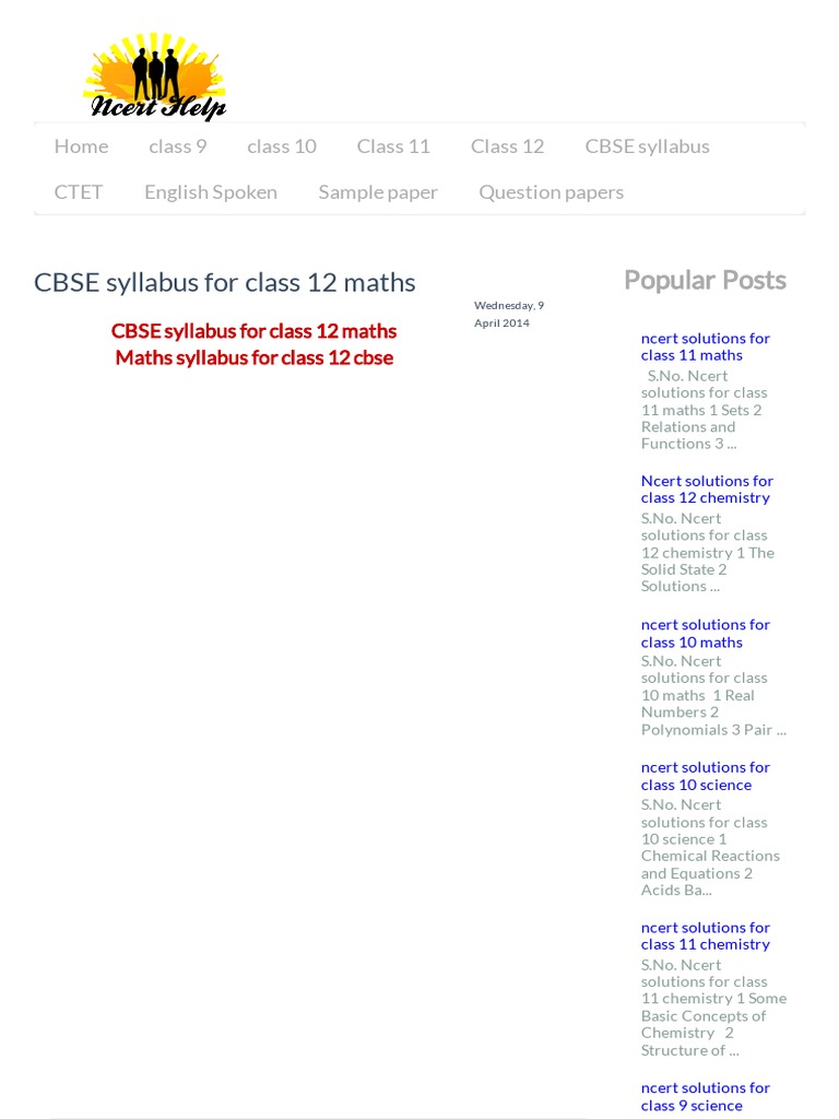 Class 12 NCERT Maths Syllabus | PDF | Chemistry | Teaching Mathematics