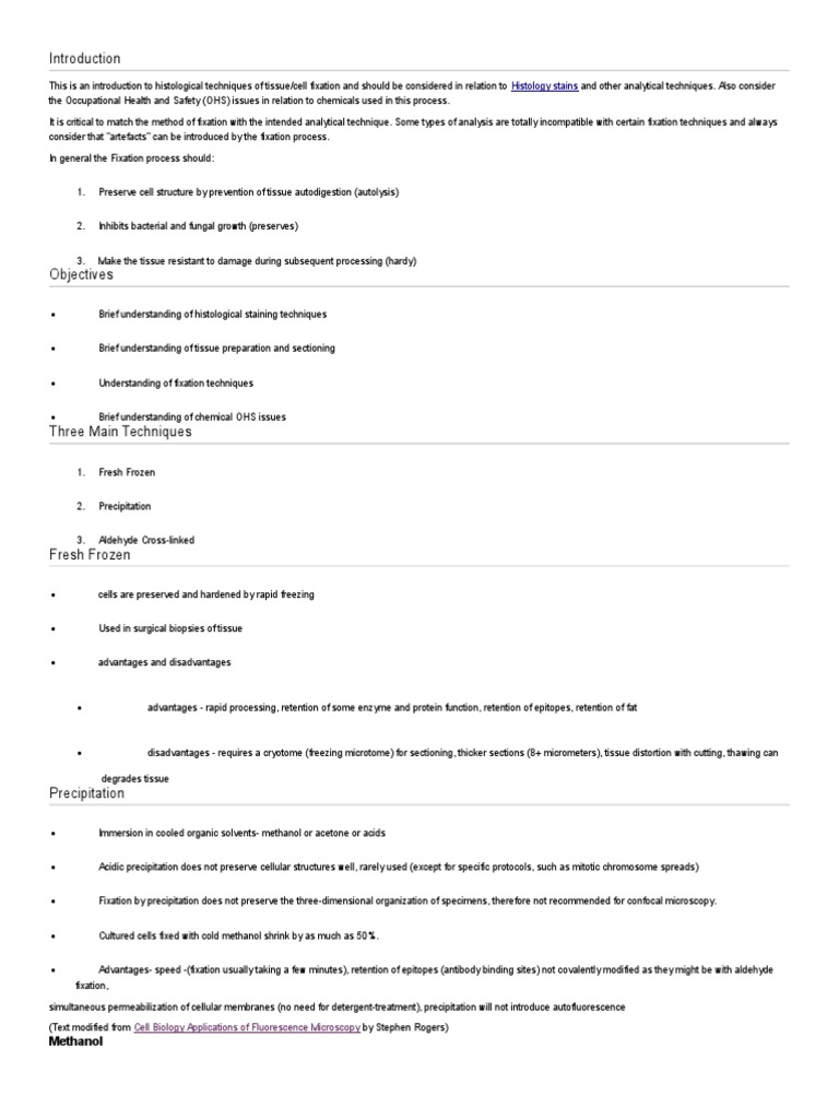 Fixatives Fixation Histology Histology