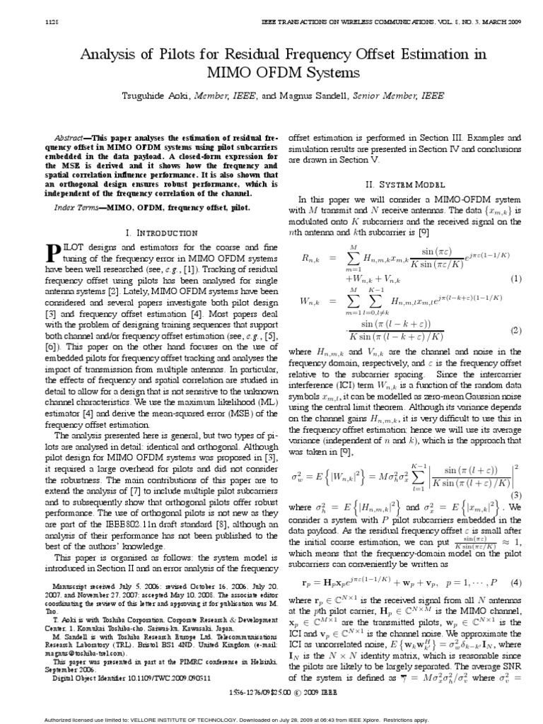 Analysis of Pilots For Residual Frequency Offset Estimation in | PDF | Mimo | Eigenvalues And ...