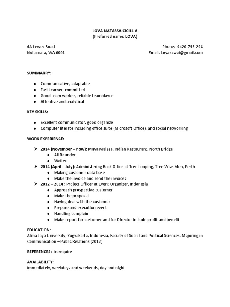 Lova Natassa Cicillia - Resume Summary | PDF