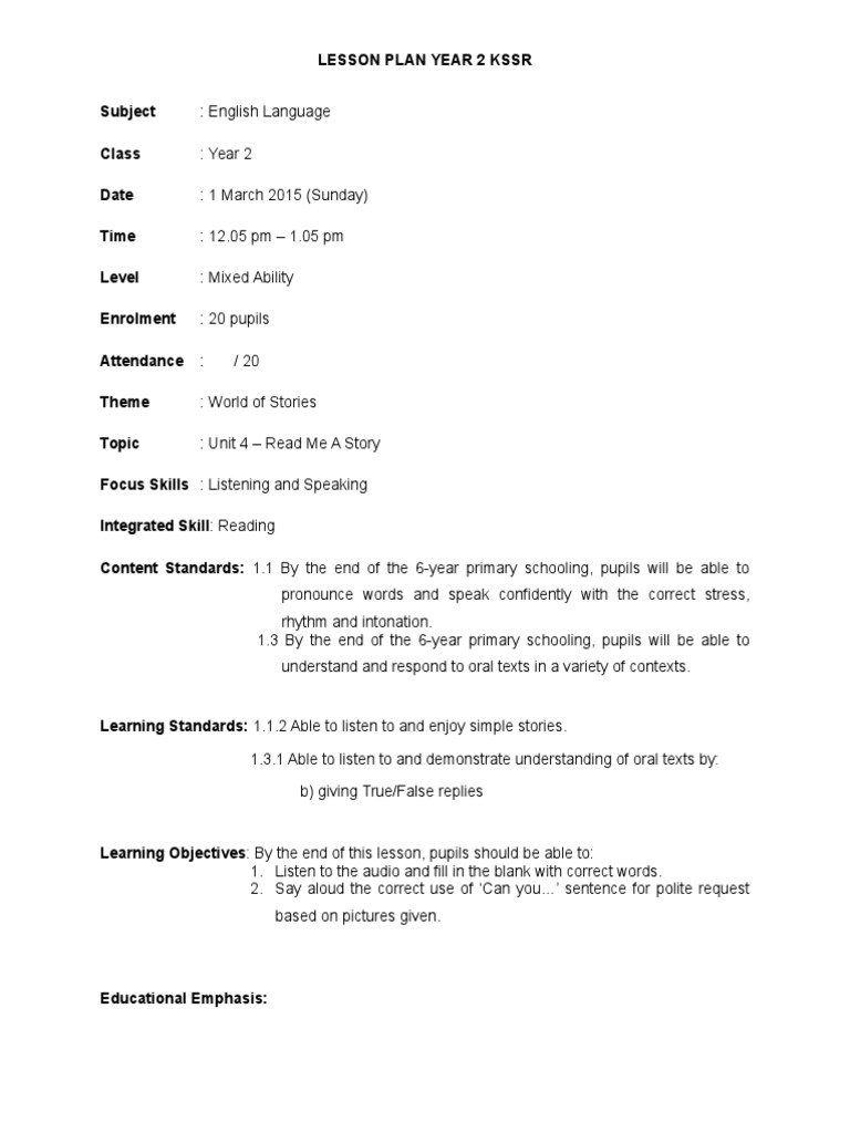 Year 2 Story Listening Lesson Plan | PDF | Lesson Plan | Reading (Process)