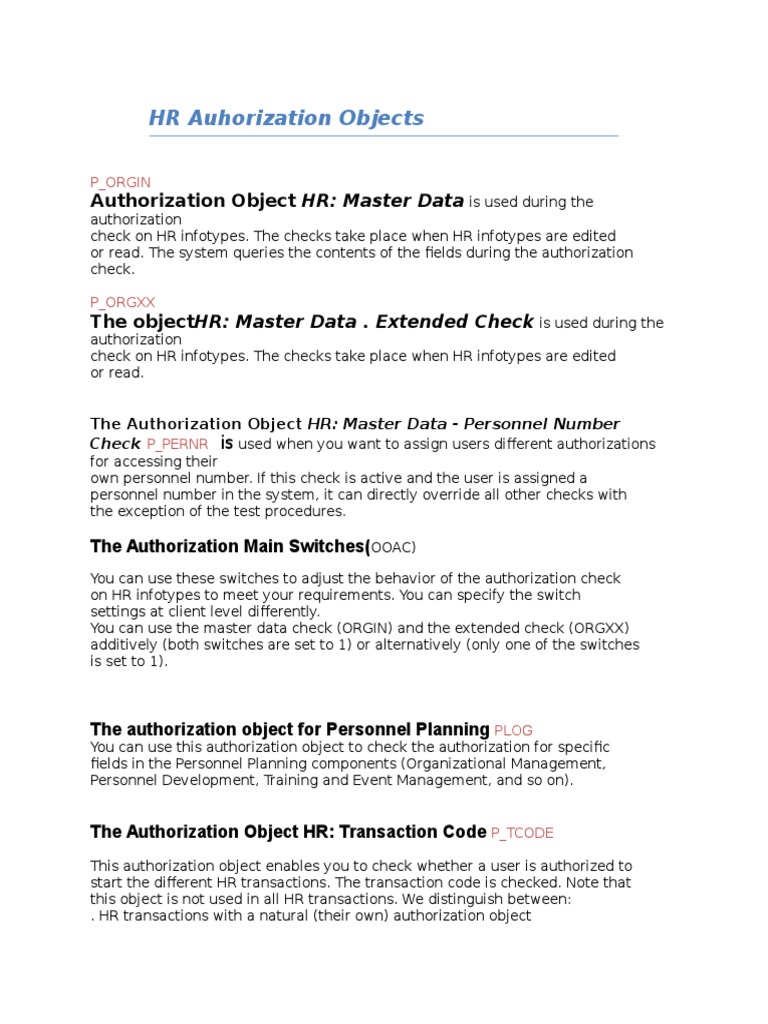 HR Auhorization Objects | PDF | Object (Computer Science) | Database Transaction