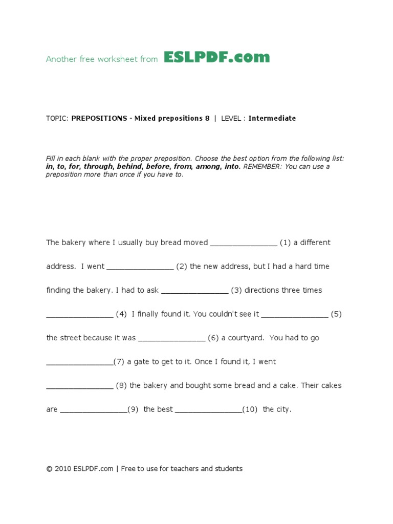 Another Free Worksheet From: TOPIC: PREPOSITIONS - Mixed Prepositions 8 ...