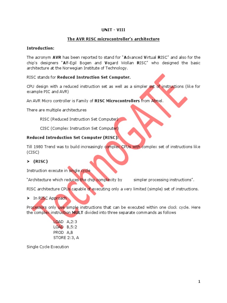 Unit - Viii The AVR RISC Microcontroller's Architecture | PDF | Instruction Set | Central ...