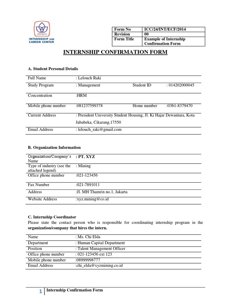 INTERNSHIP CONFIRMATION FORM_example.pdf | Internship | Economies