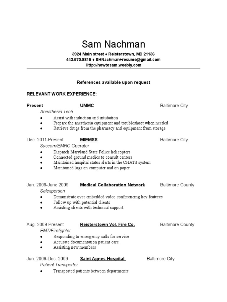 Anesthesia Tech and EMT Resume | PDF