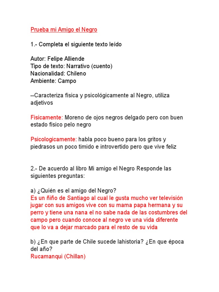 Prueba sobre "Mi amigo el Negro" | PDF