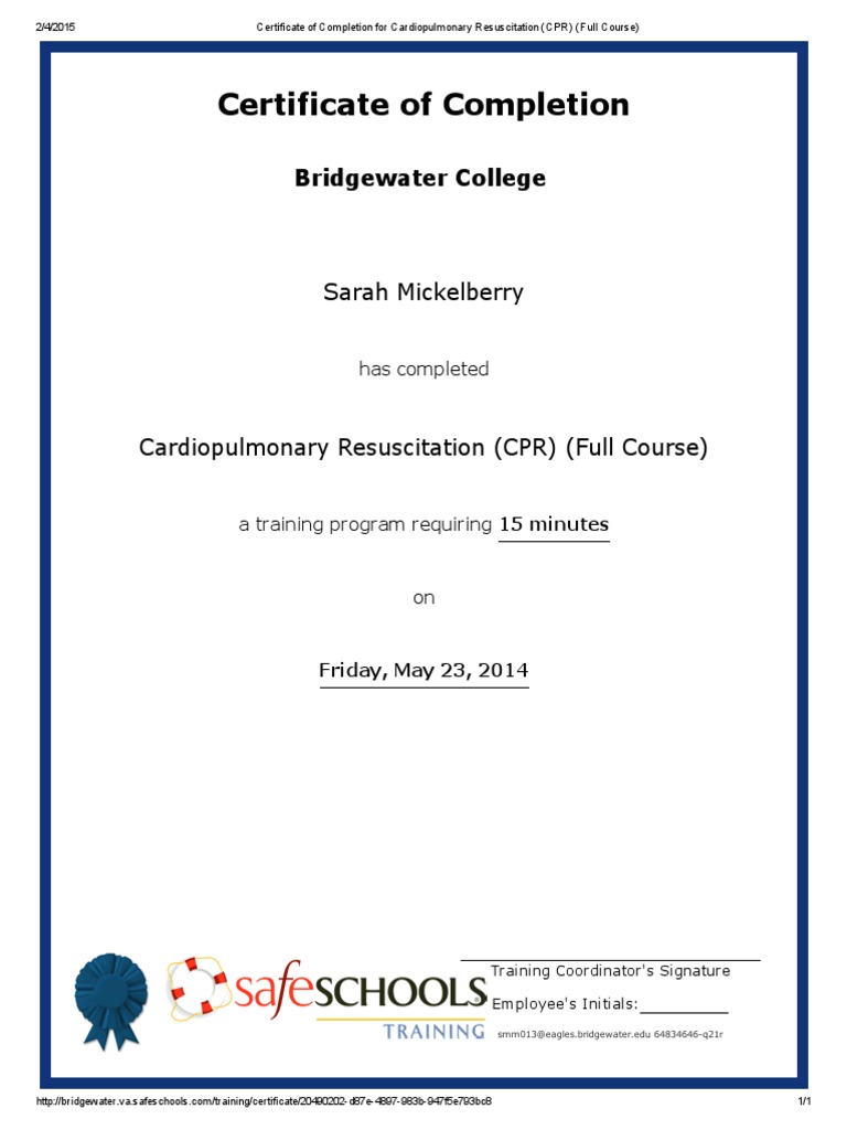 Certificate of Completion For Cardiopulmonary Resuscitation (CPR) (Full ...