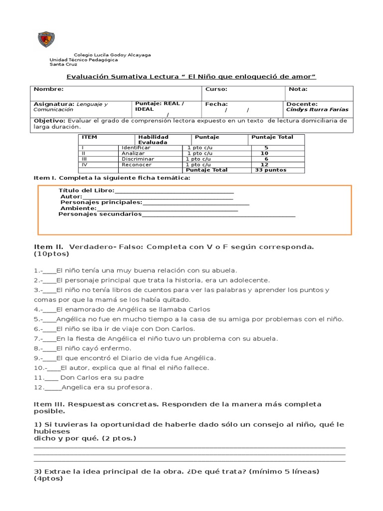 Evaluación de comprensión lectora sobre el cuento "El Niño que ...