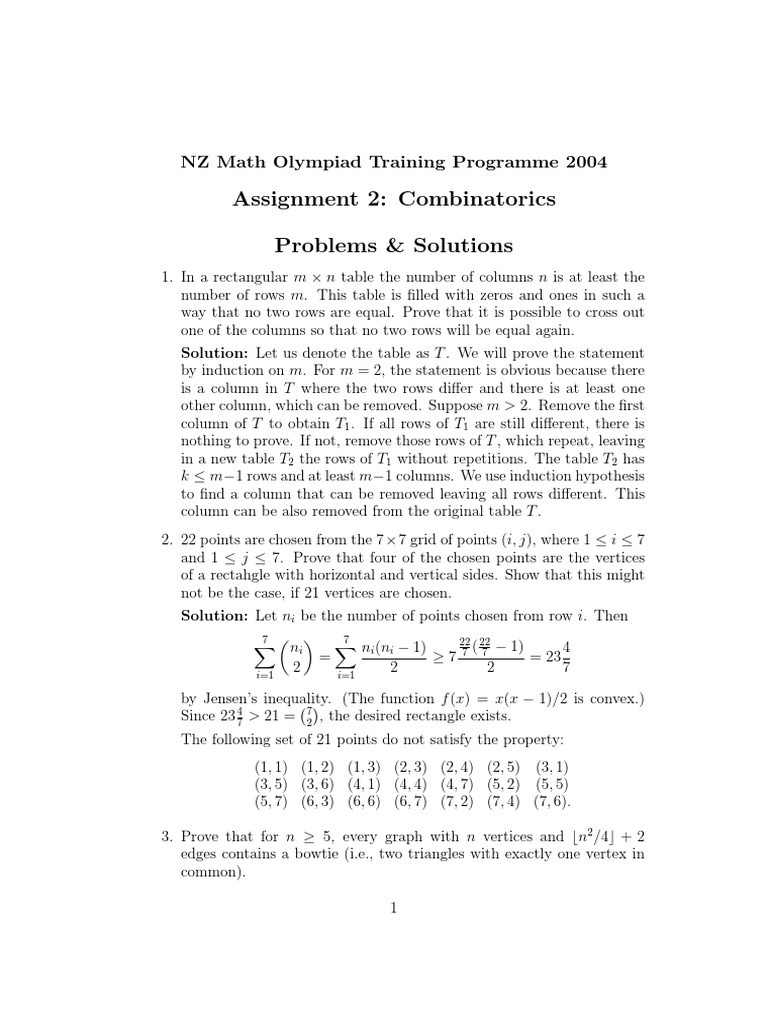 Assignment 2: Combinatorics Problems & Solutions: NZ Math Olympiad Training Programme 2004 | PDF ...
