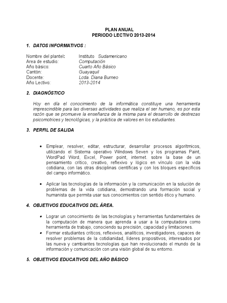 Plan Anual Computacion 4TOAÑO | PDF | Microsoft Excel | Microsoft Word