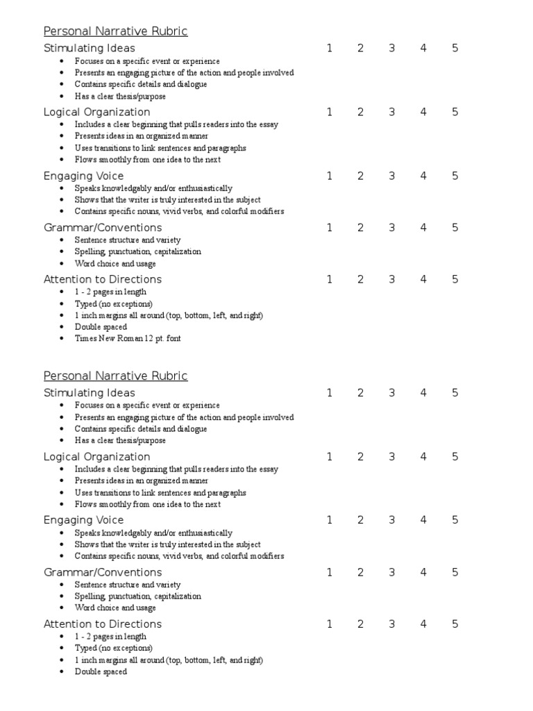 Personal Narrative Rubric | PDF