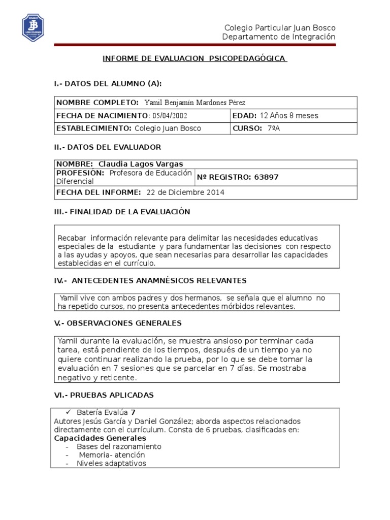 Formato Inf. Psicopedagógico | PDF | Lectura (proceso) | Evaluación