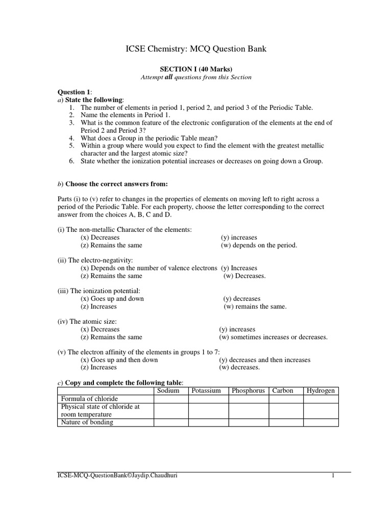 ICSE MCQ QuestionBank | PDF | Hydroxide | Redox
