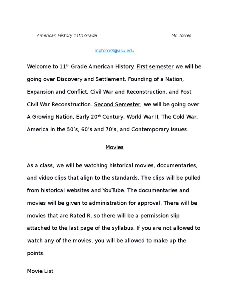 11th Grade American History Guide | PDF | Classroom | Homework