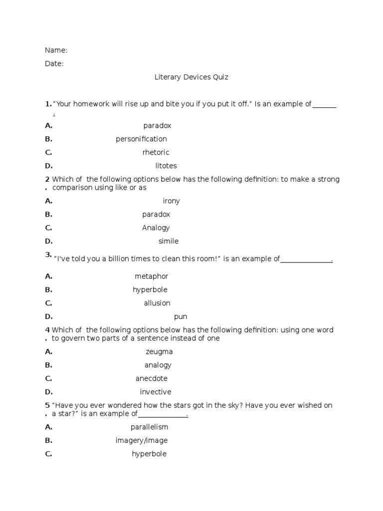 Grade 11 English Rhetorical Devices Quiz Literary Devices Quiz | TPT