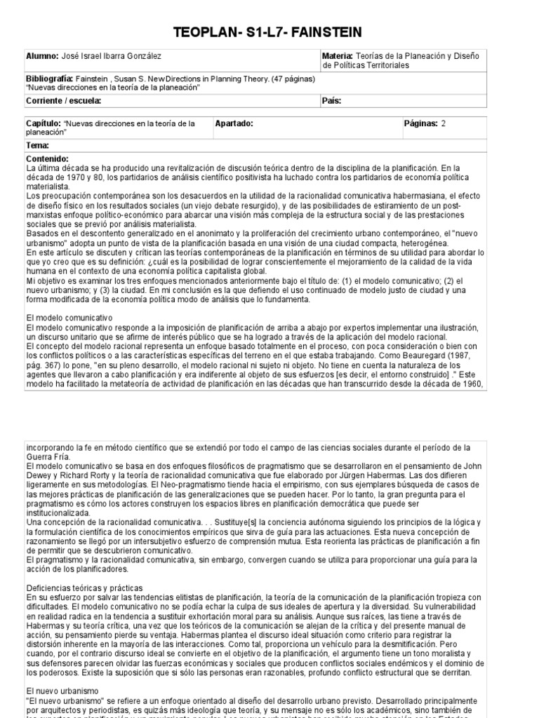 Fainstein, Susan S. New Directions in Planning Theory. (47 Páginas ...