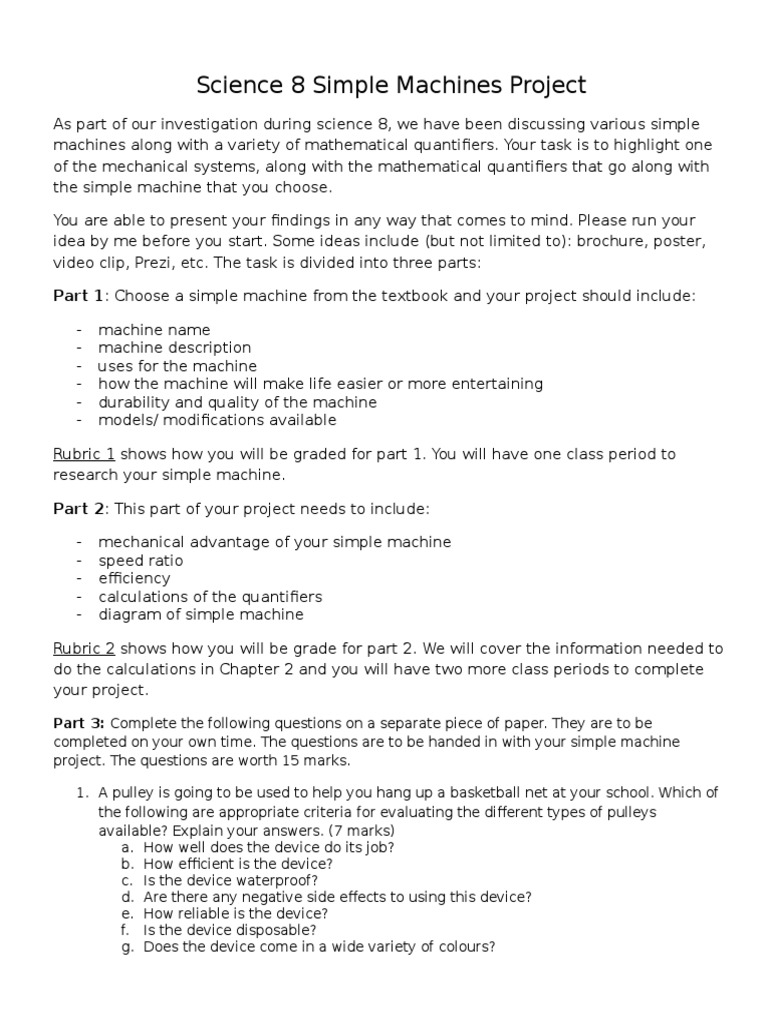 Grade 8 Simple Machines Project Guide | PDF | Machines | Rubric (Academic)
