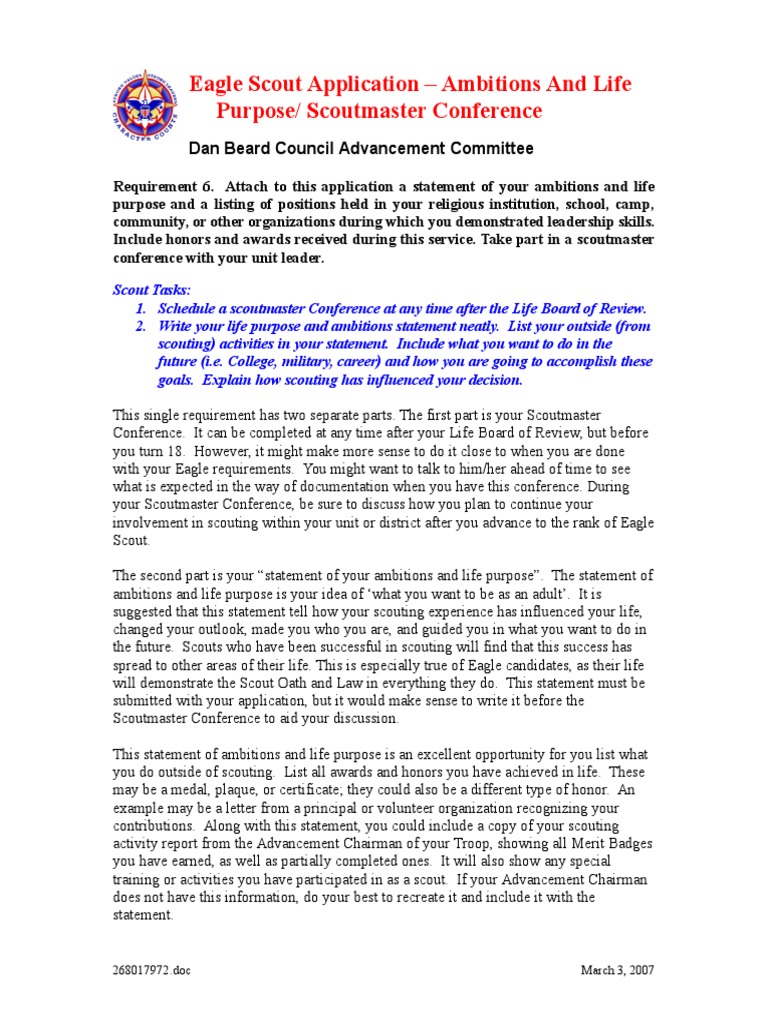 Eagle Scout Ambitions & Life Purpose Statement | PDF | Outdoor ...