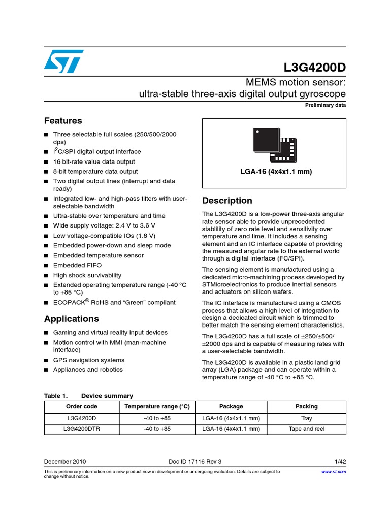l3g4200d datasheet | Electrical Engineering | Electronics
