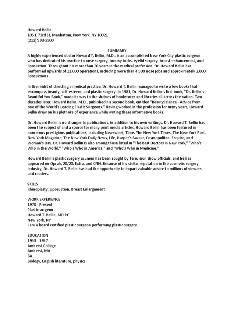 Howard Bellin | PDF | Plastic Surgery | Physician