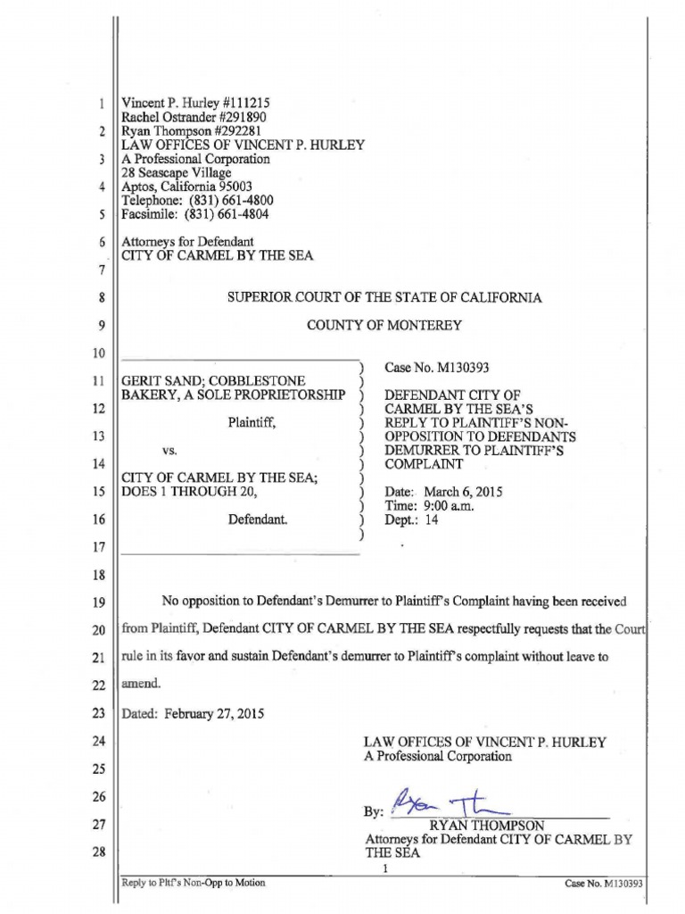 Defendant City's Reply To Plaintiff's Non-Opposition To Defendants Demurrer To Plaintiff's ...