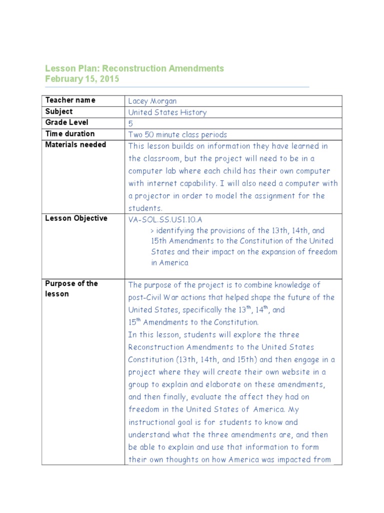 Lesson Plan: Reconstruction Amendments February 15, 2015: Teacher Name ...