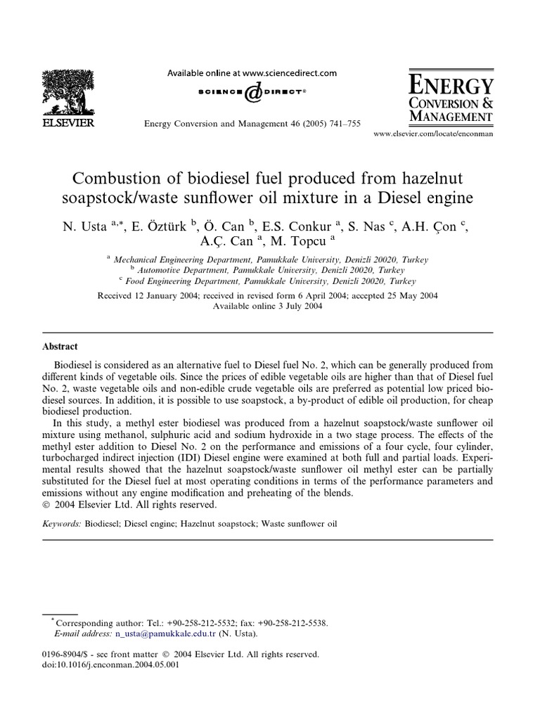 Combustion of Biodiesel Fuel Produced From Hazelnut | PDF | Biodiesel ...
