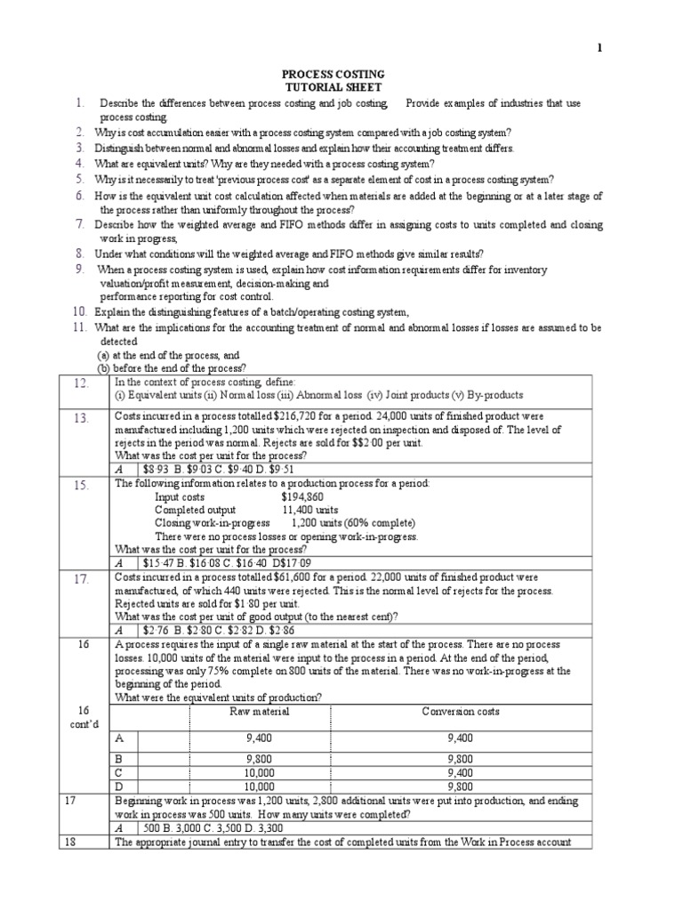 Process Costing Tutorial Sheet | PDF | Inventory | Debits And Credits