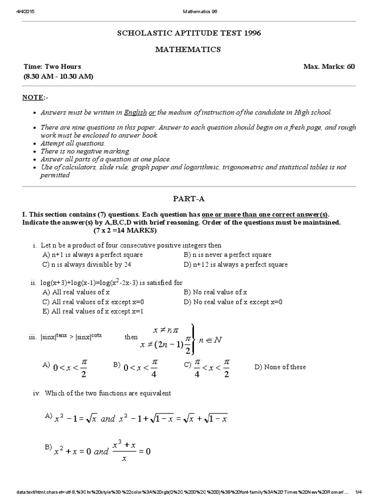 Scholastic Aptitude Test 1996 Mathematics | PDF | Triangle | Circle