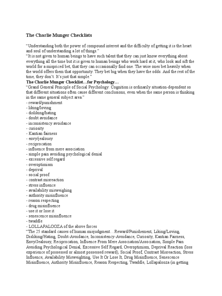 The Charlie Munger Checklists | PDF | Risk | Perception