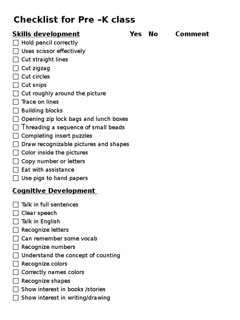 Checklist For Pre K | PDF